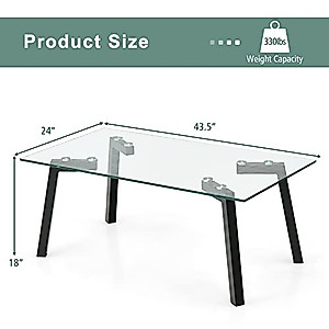 Tangkula Tempered Glass Coffee Table, Rectangular Center Table with Heavy Duty Metal Frame, Modern Minimalist Cocktail Table, Clear Tea Table for Living Room Reception Office, 44 x 24 x 18 Inch