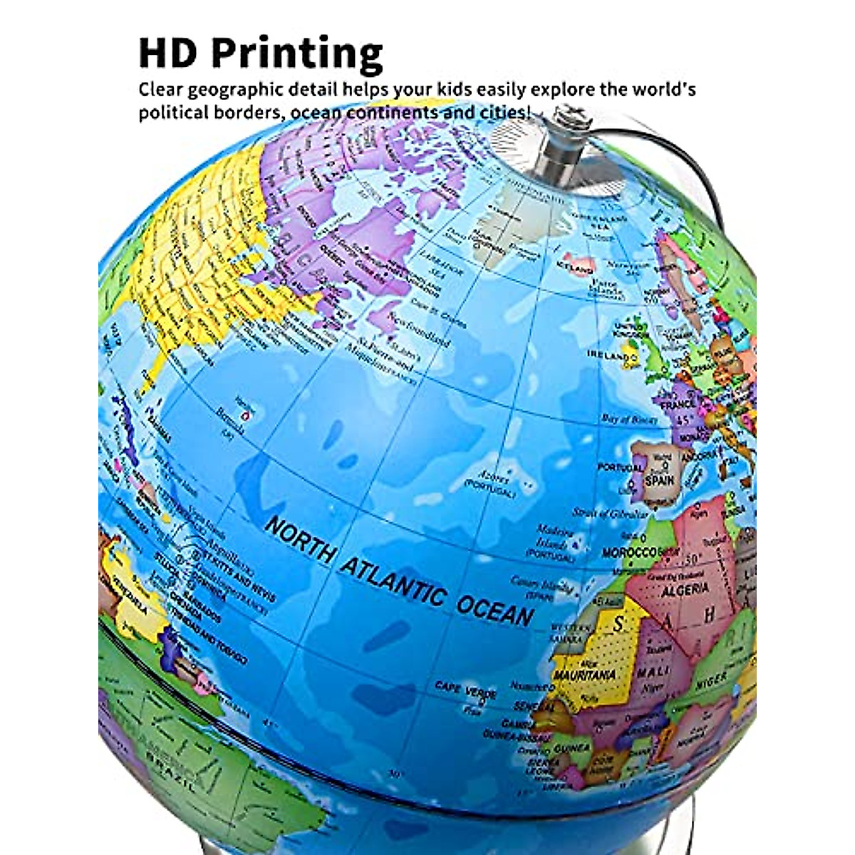 Waldauge Illuminated World Globe with Stand, 9" Earth Globes with Stable Heavy Metal Base for Kids Classroom Learning, LED Constellation Globe Night Light with HD Printed Map