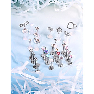 Vsnnsns 16G Lip Rings Stainless Steel Opal Labret Monroe Lip Rings Nail Cartilage Tragus Helix Earrings Studs Ring Medusa Piercing Jewelry Retainer For Women Men Silver 8mm 28PCS