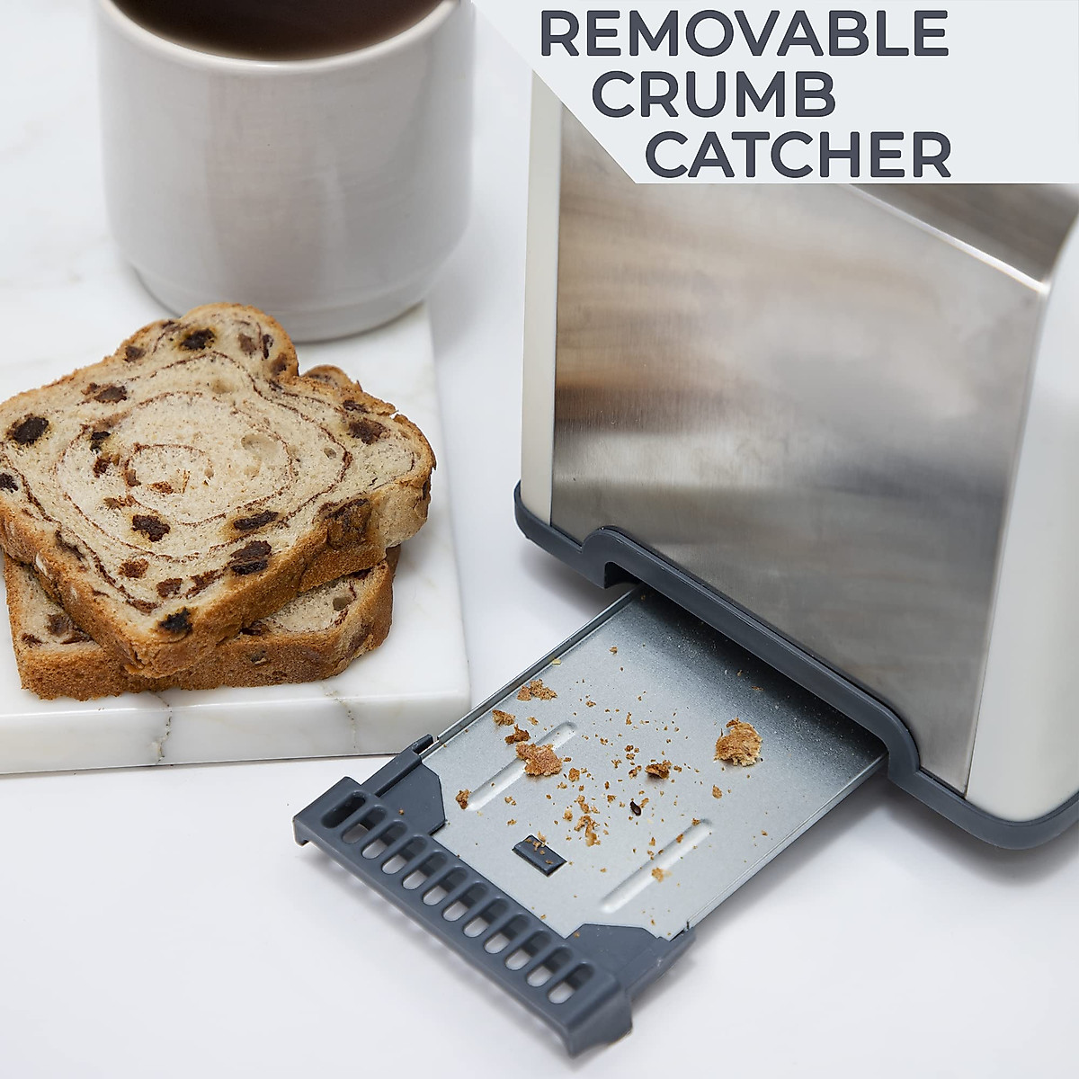 Rae Dunn Toaster, Stainless Steel 2 Slice Square Toaster, Wide Slot with 5 Browning Levels, with Bagel, Defrost and Cancel Options (Cream)