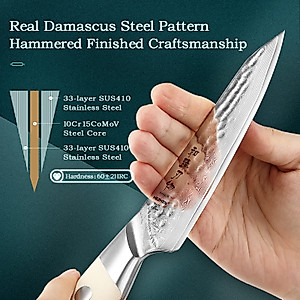 HEZHEN Damascus Steel Kitchen Knife Set 5PCS, 67 Layers Damascus Chef Knife Universal Peeling Knife Paring Bread Knife, Ivory White G10 Handle Cooking Tools