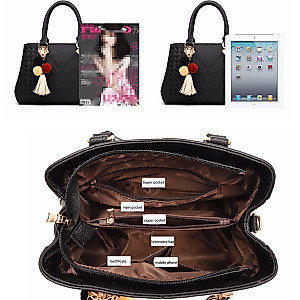 YOUNXSL Womens Leather Handbags Purses Top-handle Totes Satchel Shoulder Bag for Ladies with Pompon and Tassel Black