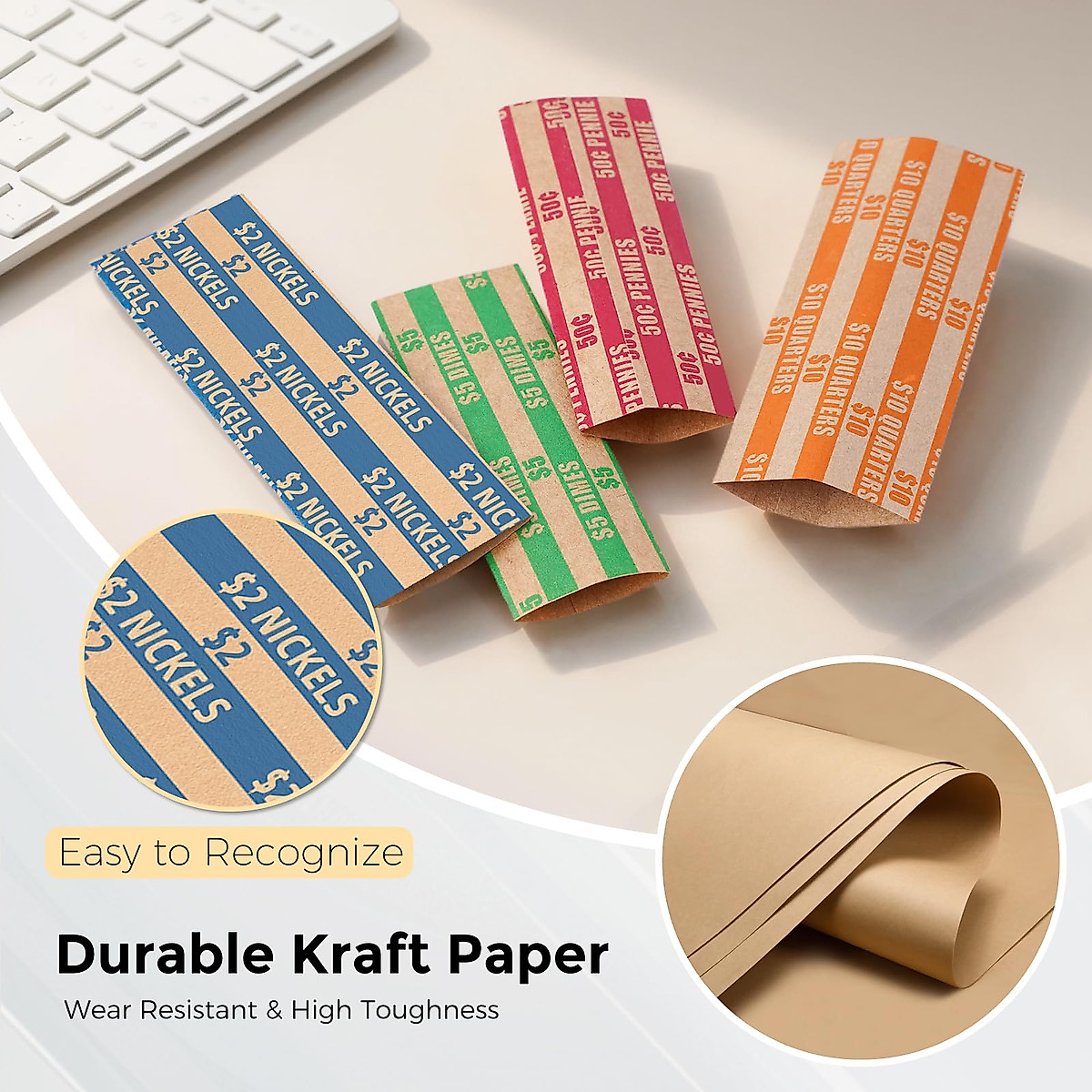 Coin Wrappers Assorted 500 Flat Stripped Coin Roll Wrappers for All Coins Including 200 Quarter Wrappers and 100 Each of Penny, Nickel, Dime Wrappers