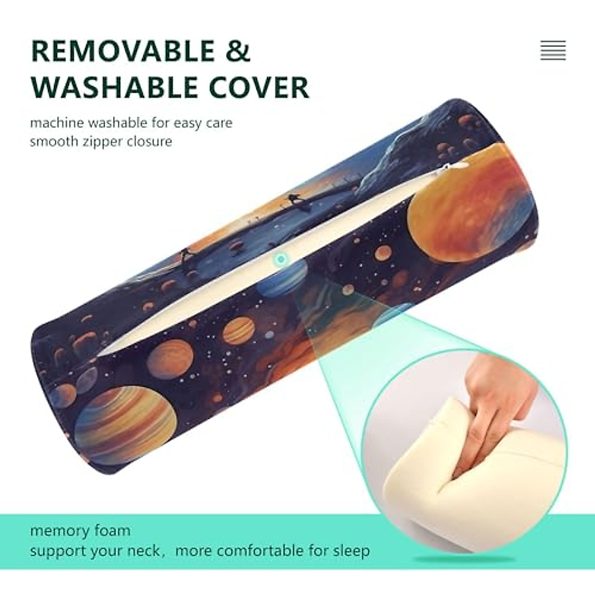 xigua Cartoon Space Neck Roll Pillow for Neck Relief with Removable Washable Cover - Memory Foam Round Cylinder Bolster, Ergonomically Designed for Head, Neck, Back, and Legs