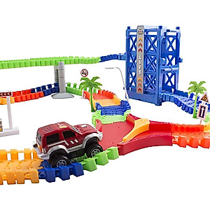 Vokodo Race Car Track Set Toy Educational Twisted Flexible Tracks 240 Pcs 2 Cars Toy with Lifter, Bridge ,Trees, Gas Station for Kids Children Toys