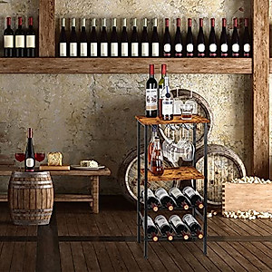Wine Rack Freestanding Floor, Wine Rack Table Wine Bar Cabinet with Glass Holder Wine Rack with Storage Shelves Wine Rack Shelf Stand Wine Display Rack Hold 8 Bottle and 9 Glasses, Industrial Brown
