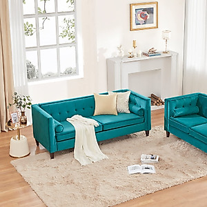 Dreamsir 78'' W Velvet Sofa, Mid-Century Love Seats Sofa Furniture with Bolster Pillows, Button Tufted Couch for Living Room, Tool-Free Assembly (Sofa, Peacock Blue)