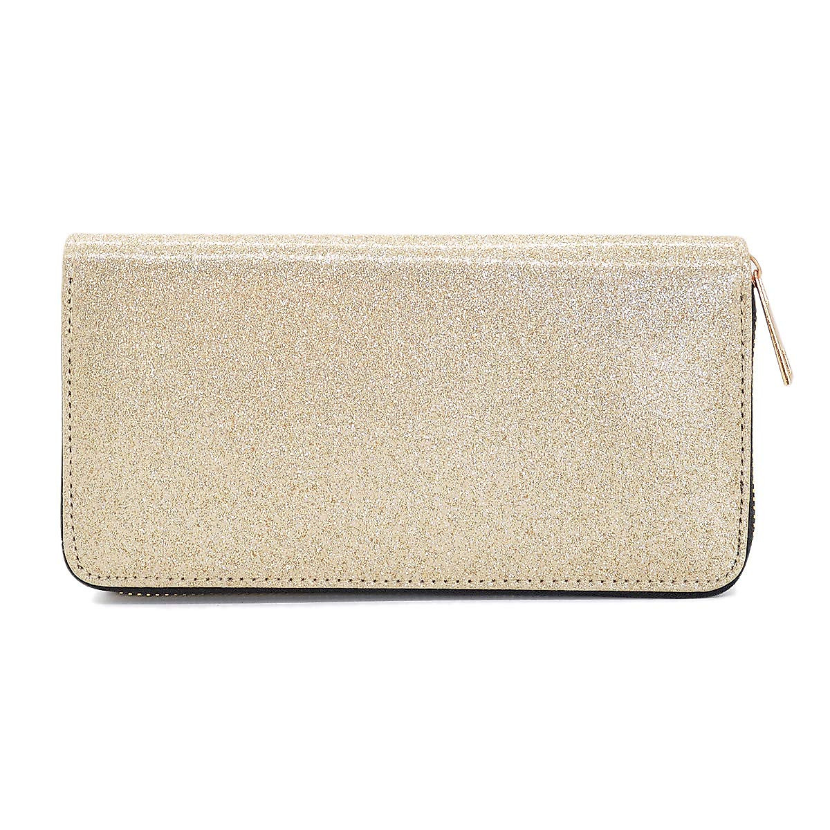 Premium Glitter Bling Smooth Vegan Leather Continental Zip Around Wallet, Gold