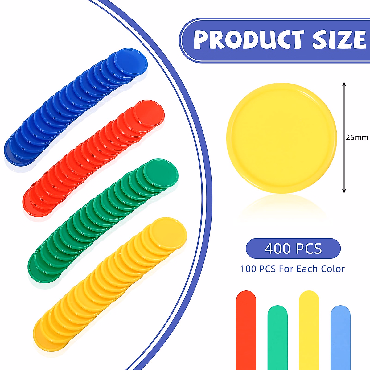Skylety 400 Pieces Plastic Poker Chips 4 Colors 1 Inch Small Learning Counters Blank Chips Card for Game Play Counting Learning Math Reward(Red, Blue, Green, Yellow)