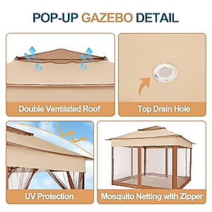 COBIZI 11x11 Pop Up Gazebo Canopy Tent Easy Up Outdoor Gazebo Waterproof Upgrade Portable Gazebo with Mosquito Nettings, Double Vented Roof and Carry Bag for Patio Garden Lawn(Khaki)