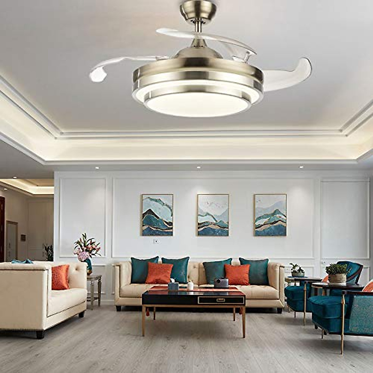 Modern Ceiling Light with Fan Remote Control Retractable Blades 3 Color Lighting 3 Speed Chandelier Light Retractable Invisible Blade for Living Room Bedroom Basement Restaurant Dining Room (42-Inch)