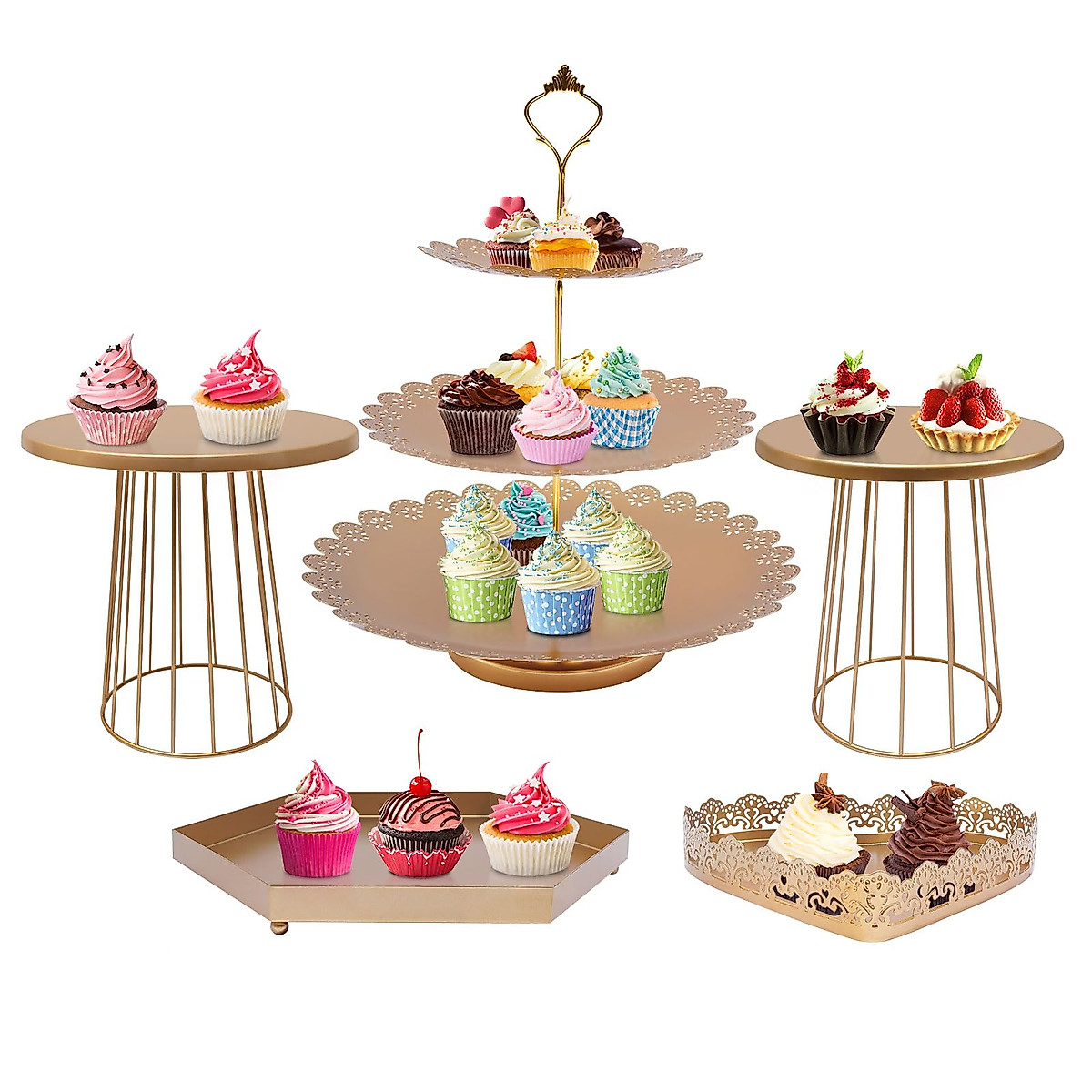 Gold Cake Stands Set Cake Pedestal Display Table Tiered Cupcake Holder Metal Round&Geometric Dessert Holder Set Candy Pastry Plate Decorating for Anniversary Wedding Birthday Party