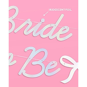 xo, Fetti Bride to Be Bow Banner Iridescent Foil + Pink Glitter , 5 Ft. | Bachelorette Party Decoration, Tying the Knot Bride Bach Decor, Bridesmaid Favor, Engagement Gift, Bridal Shower Supplies, Photobooth Backdrop