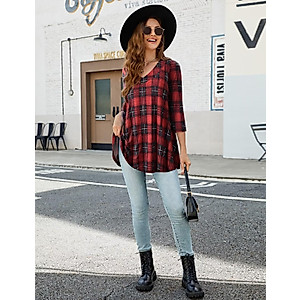 MONNURO Womens Plus Size 3/4 Sleeve V Neck Button Casual Loose Flowy Swing Tunic Tops Plaid Shirts for Leggings(Plaid Winered Pattern,1X