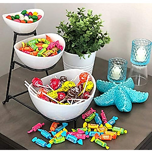 Partito Bella 3 Tier White Oval Bowl Set with Collapsible Thicker Metal Rack - Perfect Display for Chips, Dips, Candy, Fruit and More Collapsible Stand with Nesting Bowls for Easy Storage