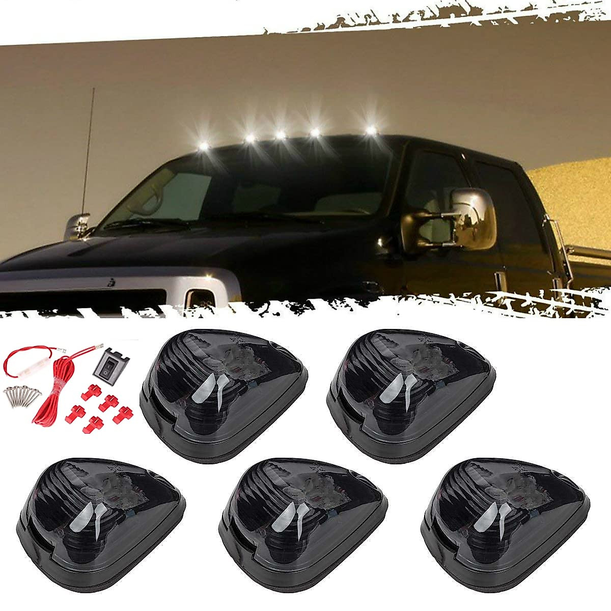 5 X Cab Marker Light,Smoke Lens White LED Cab Roof Running Lights, Accessories Light w/Wiring Pack Compatible with 1999-2016 F150 F250 F350 F450 F550 F650 F750 E150 E250 Super Duty Pickup Trucks