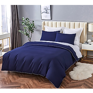 DAUAOTO Duvet Cover Full/Queen Set, Navy Blue Microfiber Bedding with Decorative White Piping, 1 Zipper Closure Cover + 2 Standard Shams