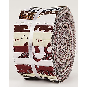 Soimoi 40Pcs Asian Block Print Cotton Precut Fabrics for Quilting Craft Strips 2.5x42inches Jelly Roll - Maroon, White, Pale Yellow, Brown