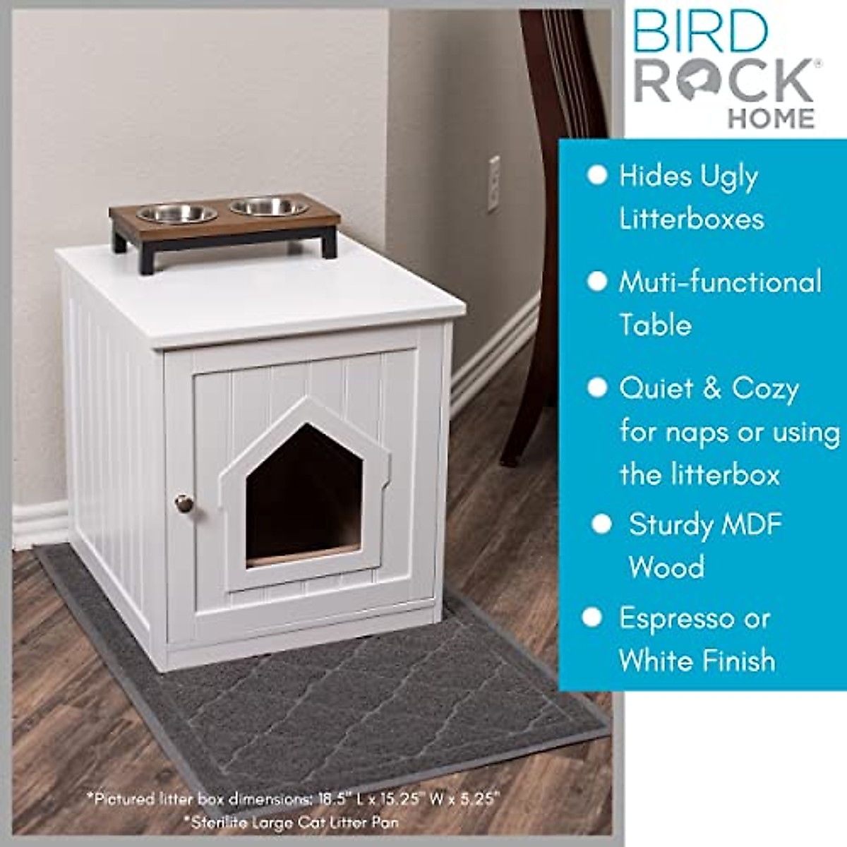 BIRDROCK Home Decorative Cat House & Side Table - Cat Home Nightstand - Indoor Pet Crate - Litter Box Enclosure - Hooded Hidden Pet Box - Cats Furniture Cabinet - Kitty Washroom - White