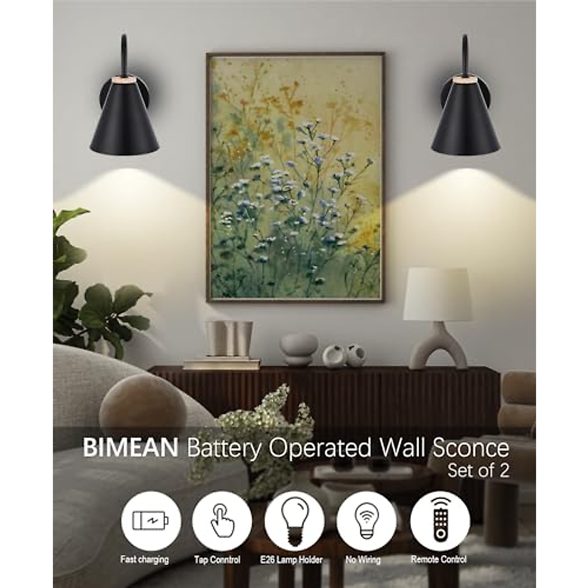 Battery Operated Black Industrial Wall Sconce Set of 2, Easy to Install Not Wires, USB Rechargeable Battery with Remote Control Led Light, Dimmable Wall Lamp Fixtures for Bedroom Farmhouse Gallery RV