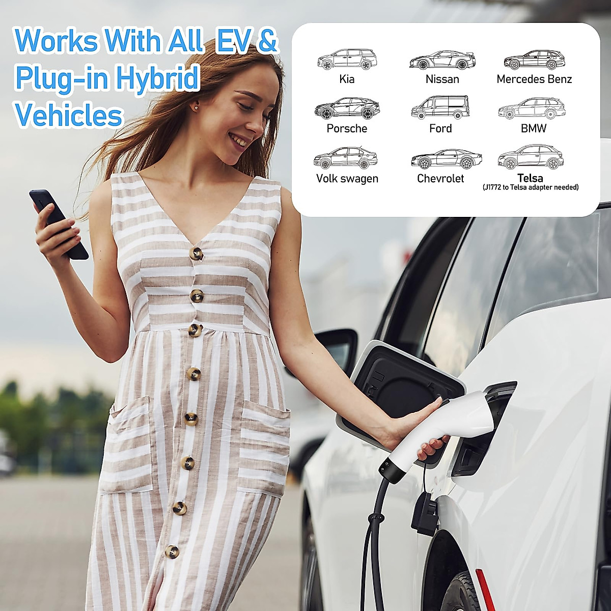 EV Charger Level 2, 8 to 32Amp - 240V Portable Electric Car Charger Nema 14-50 Plug WiFi & Bluetooth Enabled EVSE EV Charger 25FT Cable