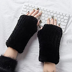 Lupidyyxun Real Rabbit Fur Gloves for Women Winter Furry Gloves Mittens Gloves Knitted Fingerless Gloves (Black)