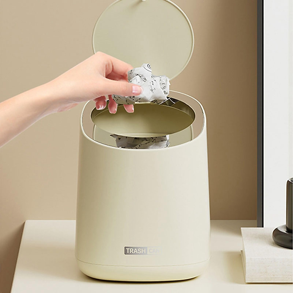 FLUSTDER Mini Countertop Garbage Can Small Plastic Wastebasket Waste Can with Press Type Lid Desktop Trash Can for Bathroom Bedroom Living Room (Cream White)