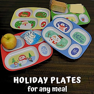 4E's Novelty Christmas Dinnerware Divided Plates For Kids (Set of 4) Melamine Plastic BPA Free Sectional Holiday Dinner Plates, Christmas Dishes for Toddlers