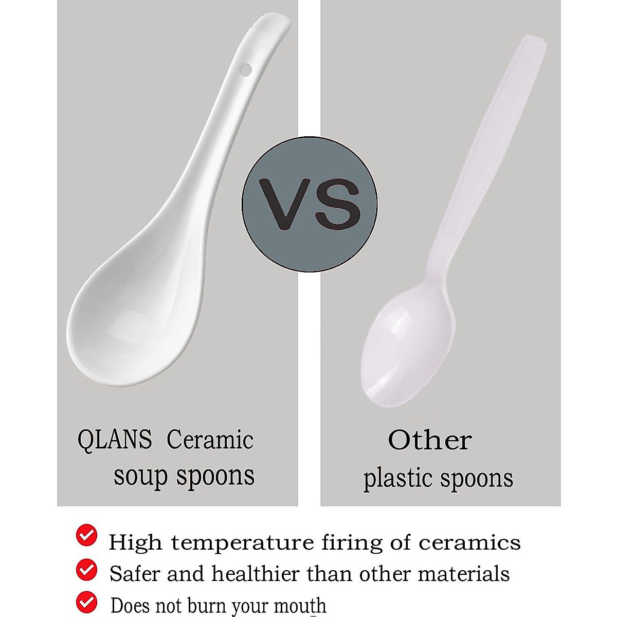 QLANS Soup Spoons, Ceramic Chinese Soup Spoons, Asian Soup Spoons, White Japanese Spoon Large for Ramen Pho Wonton Dumpling Miso, Deep Oval Hook Design, Set of 8