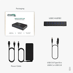 Plugable 7-in-1 USB Powered Hub for Laptops with USB-C or USB 3.0 - Power Station for Multiple Devices and Data Transfer with a 60W Power Adapter, Driverless