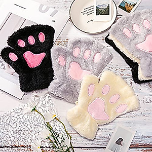 Geyoga Cat Paw Gloves 3 Pairs Kawaii Gloves Cosplay Faux Fur Plush Cat Gloves Lion Paws Fingerless Gloves for Girls Women(Black, White, Gray)