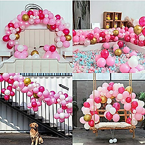 Pink Party Balloons 110 Pcs 12in Hot Pink & Gold Metallic Balloons Pearlescent Balloons Arch &Decorating Strip+Balloon Tying Tools+Points Stickers+Flower Clips+Silver Ribbons,Wedding, Shower, Party