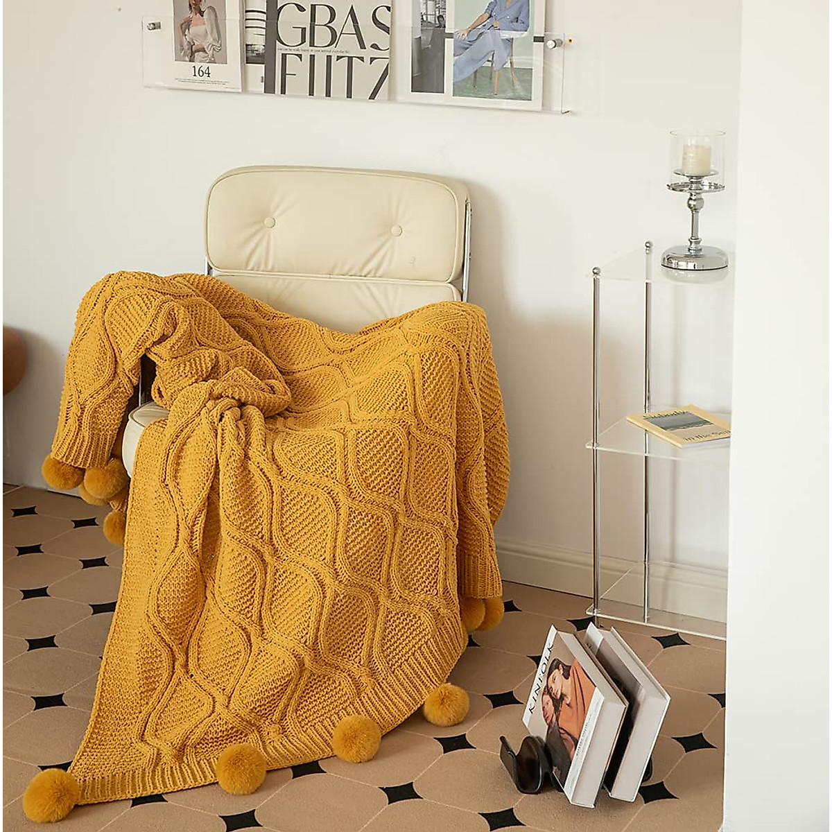 DONEUS Pom Pom Knit Blanket, Yellow Microfiber Soft Warm Handmade Knit Throw Blanket for Couch, Sofa, Chair, Office Super Soft Cable Knit Blankets -51x63 Inch