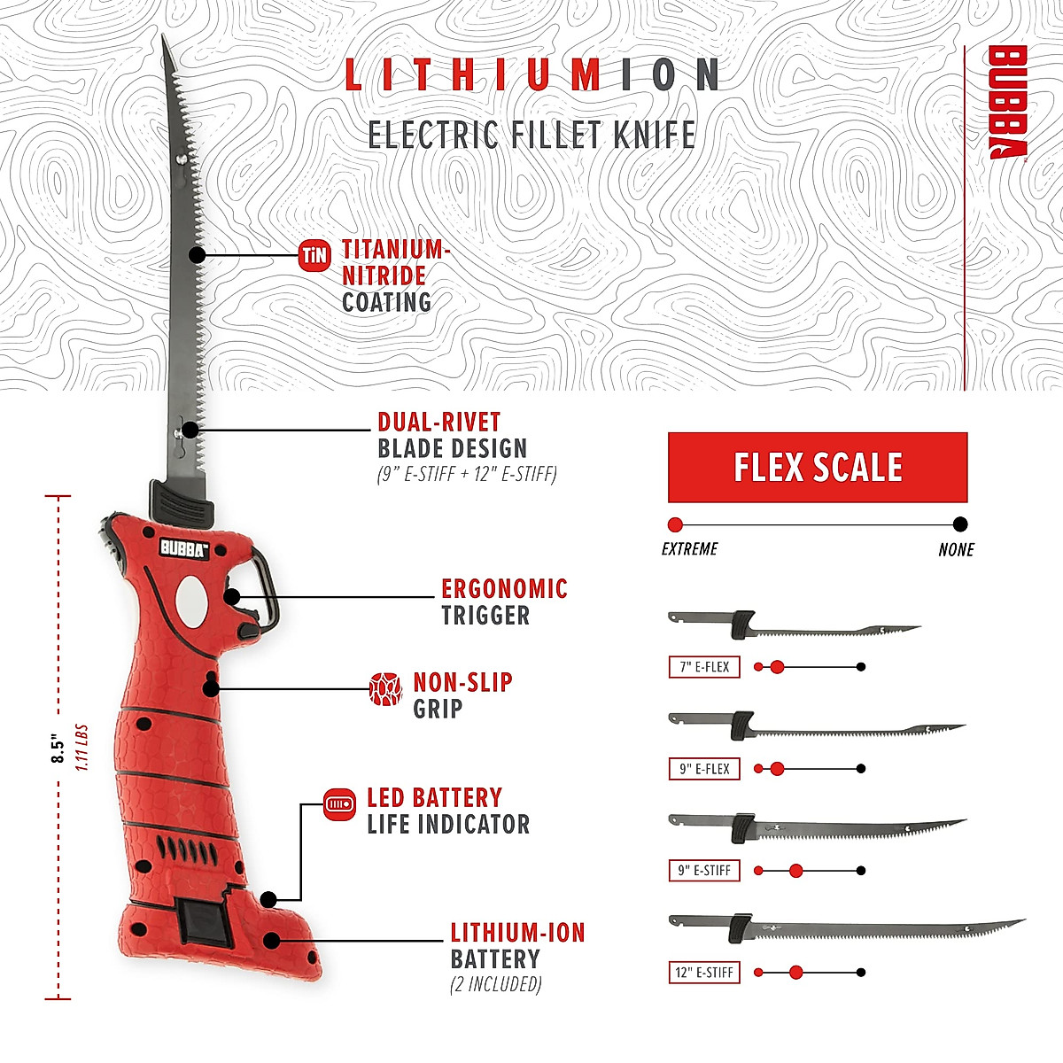 BUBBA Li-Ion Cordless Electric Fillet Knife with Non-Slip Grip Handle, 4 Ti-Nitride S.S. Coated Non-Stick Reciprocating Blades, Charger and Case for Fishing