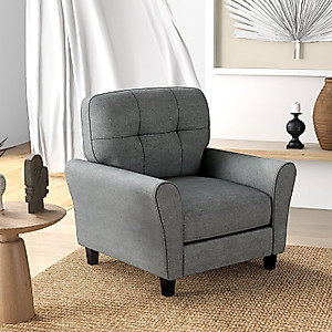 Giantex Modern Mid-Century Accent Chair - Linen Living Room Chair with Tufted Back, 7" Thick Cushion, Max Load 400 lbs, Upholstered Armchair with Non-Slip Foot Pads, Club Chair for Bedroom, Grey