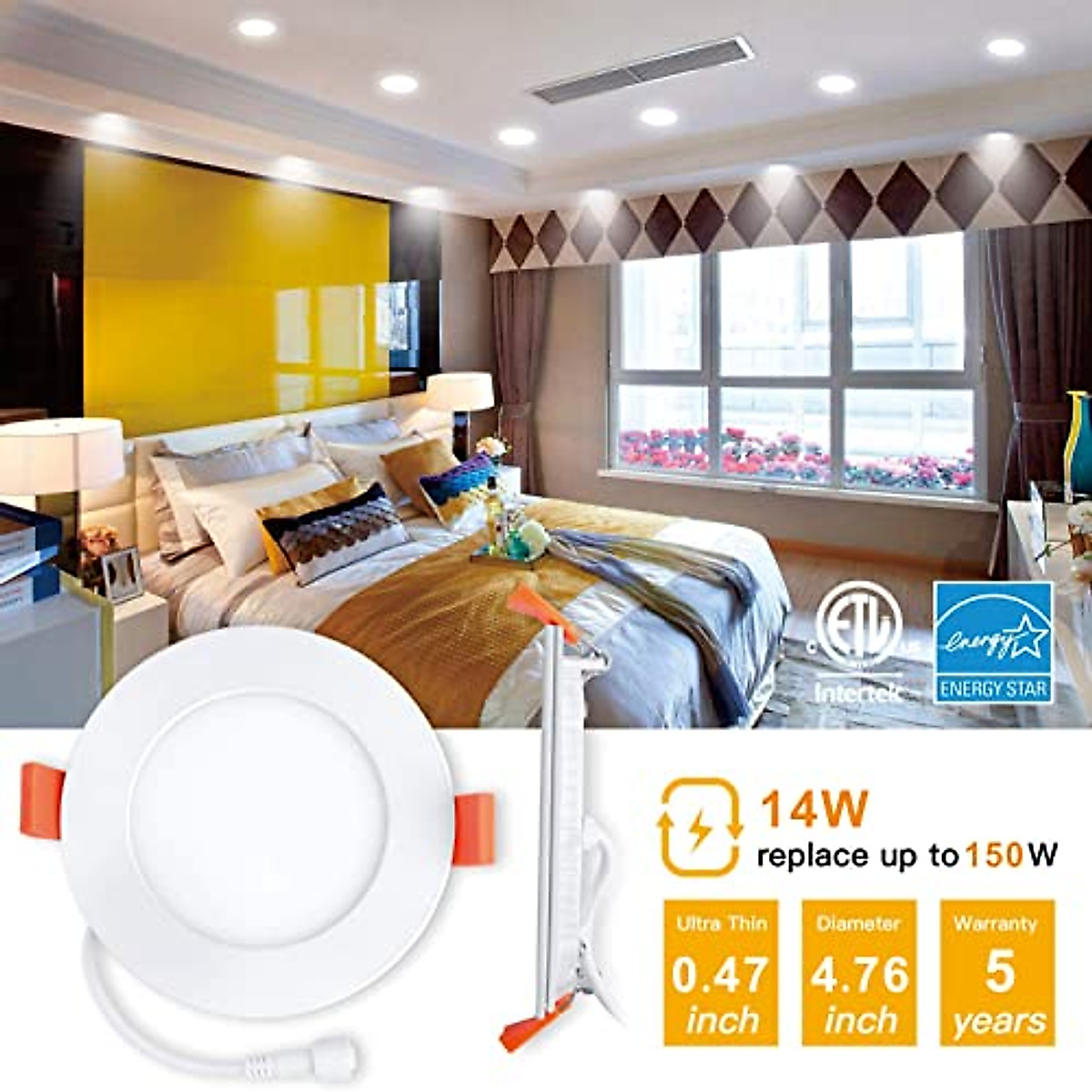 obstime 6 Pack 14W 4 Inch Ultra-Thin LED Recessed Lights Slim with Junction Box,2700K/3000K/4000K/5000K/6000K Selectable,High Brightness Eqv 150W, Dimmable Canless LED Recessed Light-IC Rated&ETL