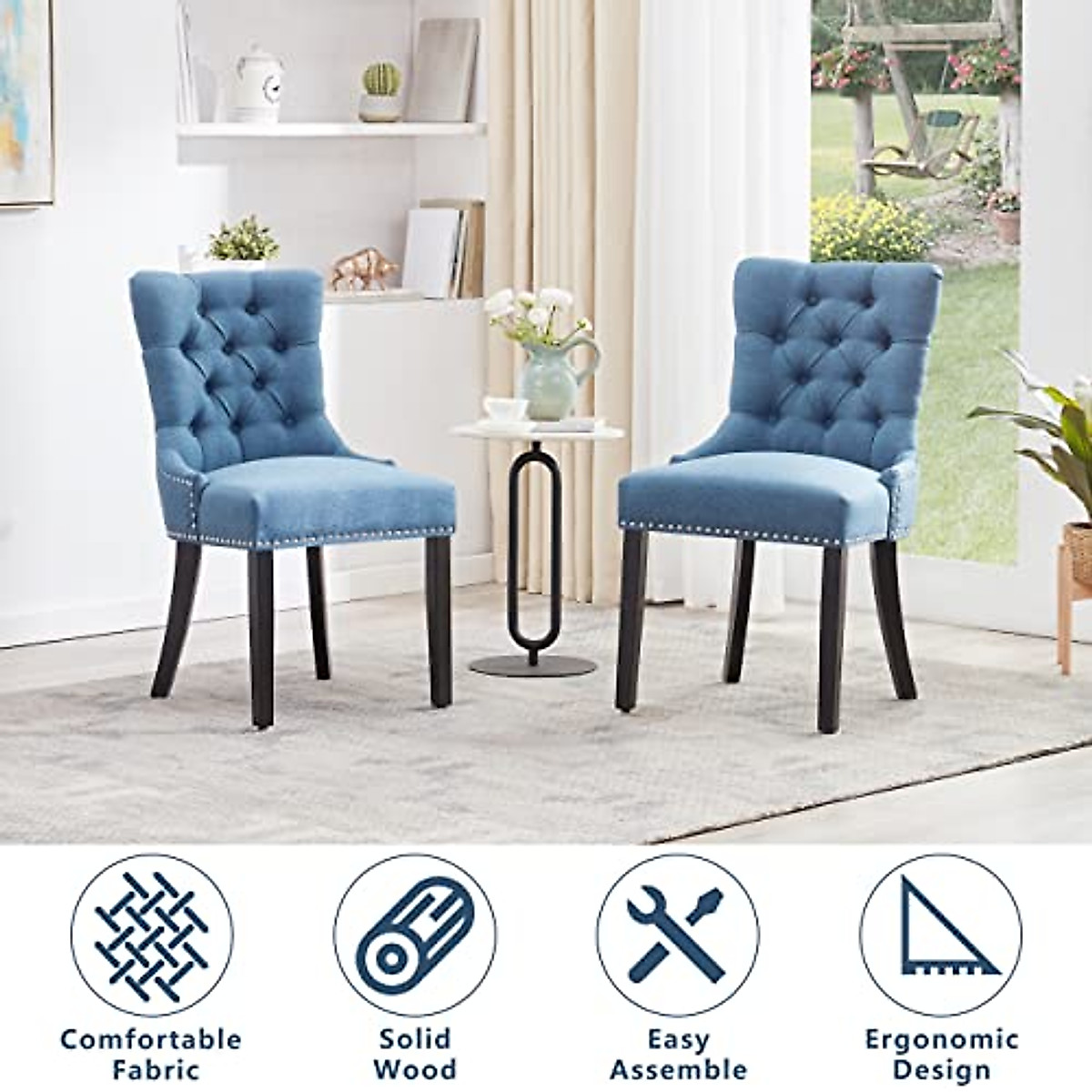 Kingfun Dining Chairs Set of 2, Upholstered Tufted Kitchen&Dining Room Chairs, Modern Accent Chairs Side Chair for Dinner Table/Waiting Room, Padded Nailhead Fabric Parsons Chairs(Solid Wooden, Blue)