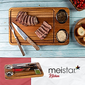 meistar Large End Grain Teak Wood Cutting Board. Thick Butcher Block for Kitchen, Brisket and BBQ with Stainless Steel Tray and Juice Groove (Teak Wood + 2 Bowls + BBQ Knife & Fork, X-Large)
