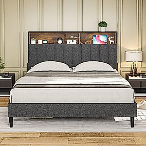ADORNEVE Queen Bed Frame with Stoarge Headboard, USB Ports & Outlets, Platform Bed Frame Queen Size with Height Adjustable Headboard, Easy Assembly, Noise-Free, Dark Grey