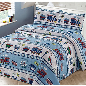 Kids Zone Home Linen Bedspread Coverlet Quilt Set for Boys Multi-Color Train Choo-Choo Rail Roads Tracks Wagon Blue White Red (Twin)