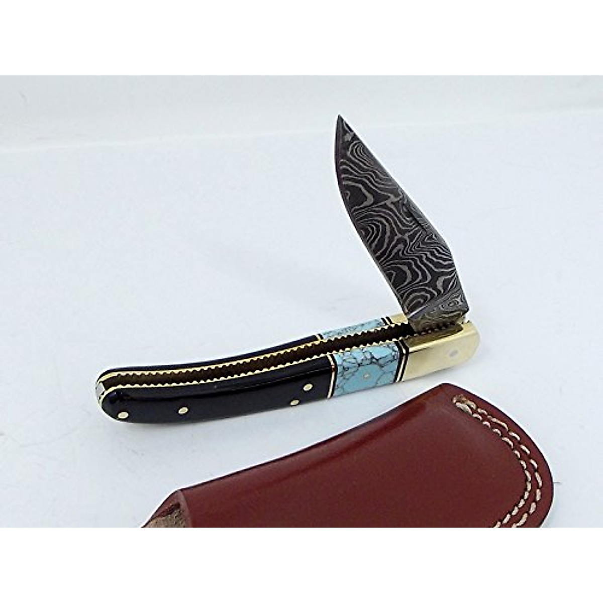 Made in Ancient Persian Indus Valley Damascus Knives Laguiole Style Pocket Knife Ram Horn & Turquoise Handle With Leather Sheath