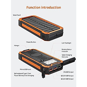 Power-Bank-Solar-Charger - 30000mAh Solar Power Bank, PD 20W Fast Charger,Drop-Proof Waterproof Dustproof Built-in LED Flashlight for iPhone, Tablet, Samsung and More USB Device(Orange)