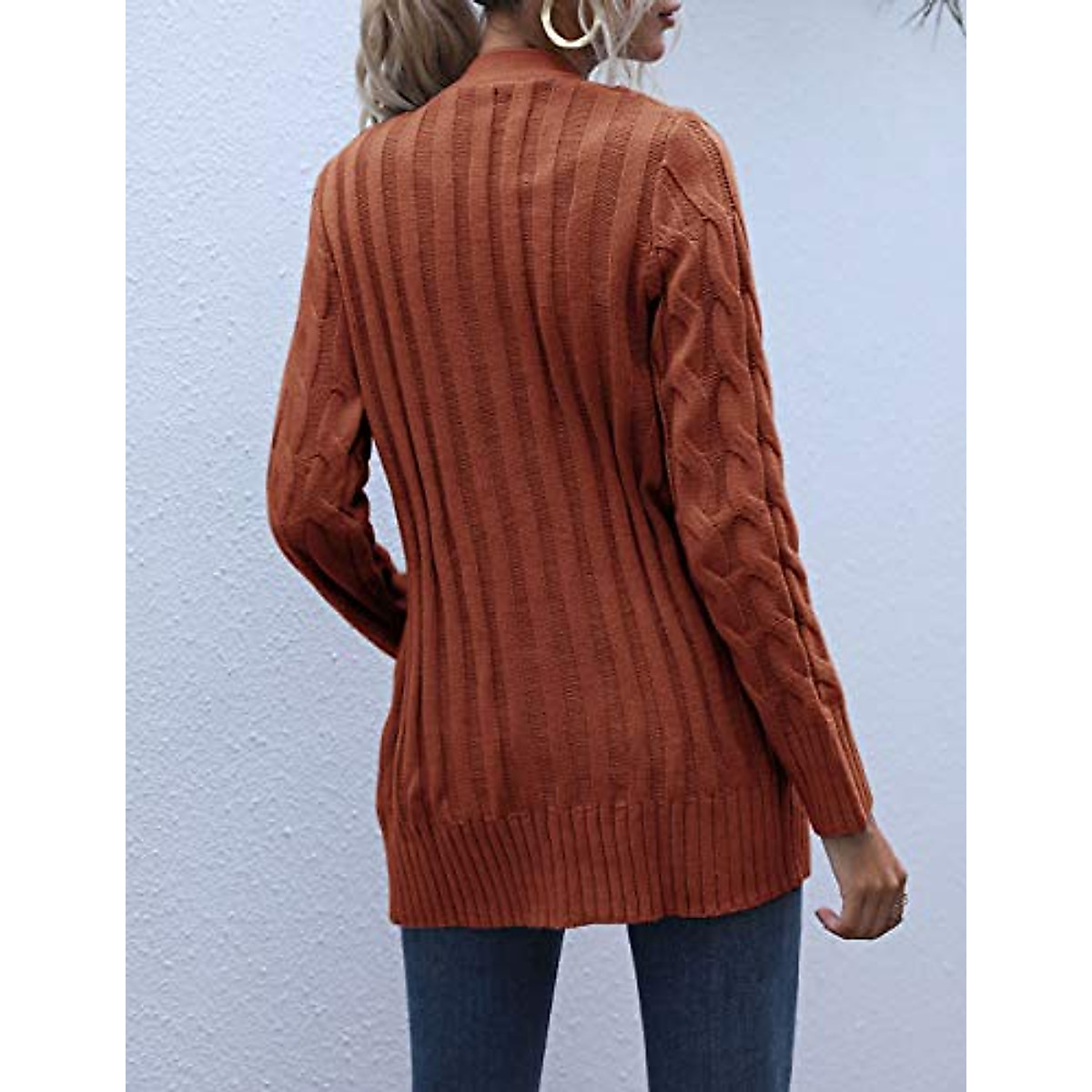 MEROKEETY Women's 2023 Fall Long Sleeve Cable Knit Sweater Open Front Cardigan Button Loose Outerwear Rust