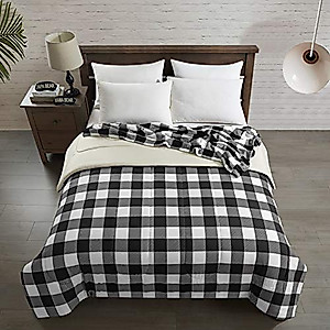 Dearfoams 4 Piece Buffalo Plaid Soft Comforter Set Includes a Comforter,Throw and 2 Eyemasks,Black and White, Full, 76"x86"