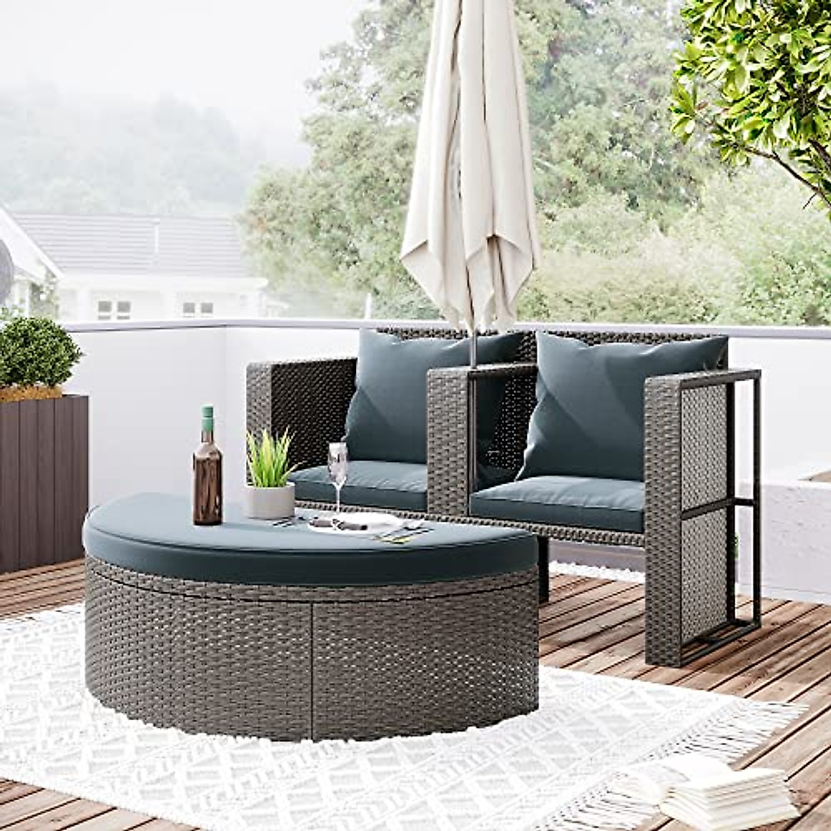 HHOK 2-Piece All-Weather PE Wicker Conversation Sofa, Outdoor Patio Half-Moon Sectional Furniture Set w/Side Table for Umbrella, Suitable for Poolside, Backyard Porch, Rattan+Gray Cushion