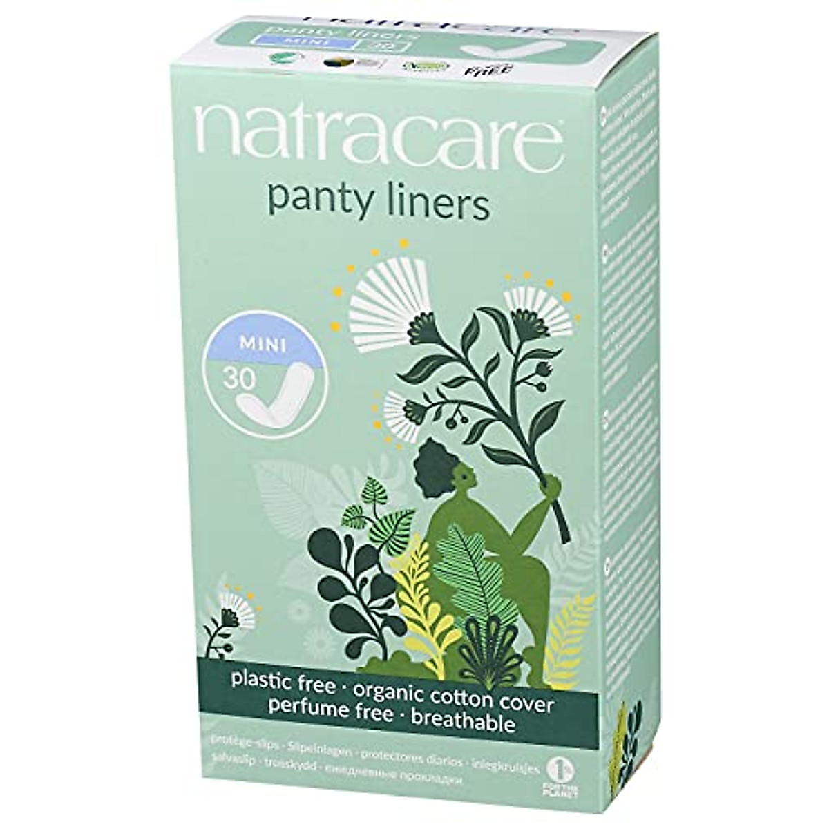 Natracare Natural Organic Mini Panty Liners, Made with Certified Organic Cotton, Ecologically Certified Cellulose Pulp and Plant Starch (1 Pack, 30 Liners Total)