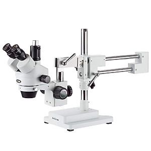 AmScope SM-4TPY Professional Trinocular Stereo Zoom Microscope with Simultaneous Focus Control, WH10x Eyepieces, 7X-90X Magnification, 0.7X-4.5X Zoom Objective, Ambient Lighting, Double-Arm Boom Stand, Includes 2.0X Barlow Lens