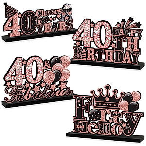 4pcs 40th Birthday Decorations Wooden Table Centerpieces for Women, Rose Gold Pink 40th Birthday Table Sign Party Supplies, Hello Forty Cheers to 40 Years Bday Table Decor