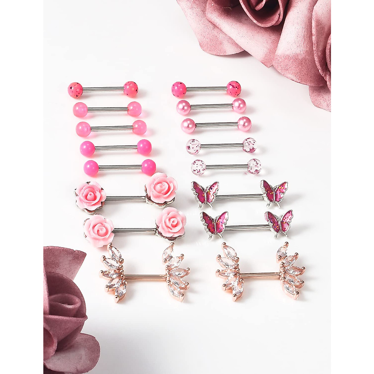 Msndnkwo Nipple Rings for Women Nipple Piercing Jewelry 14G Surgical steel Cubic zircon 14mm Silver/Pink/Purple/Rose Gold 8 Pairs Barbell Body Piercing Jewelry