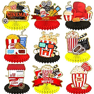 9PCS Movie Night Birthday Party Decoration Movie Table Honeycomb Centerpiece Movie Theme Theatre Table Decoration Movie Night Party Decoration for Movie Star Birthday Party Supplies